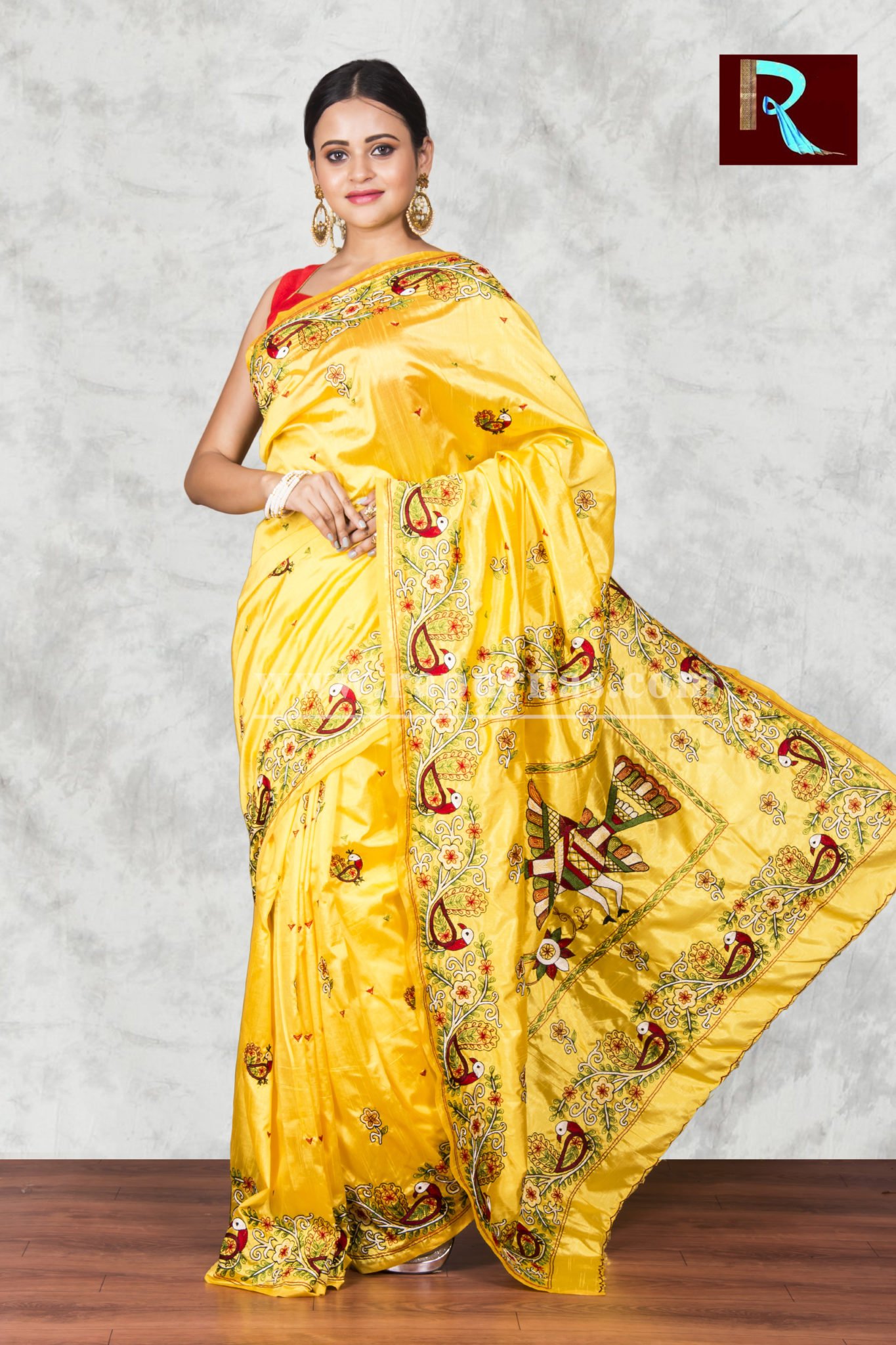 Hand Ari work on Art Silk Saree of Deep Blue color - Rapurnas