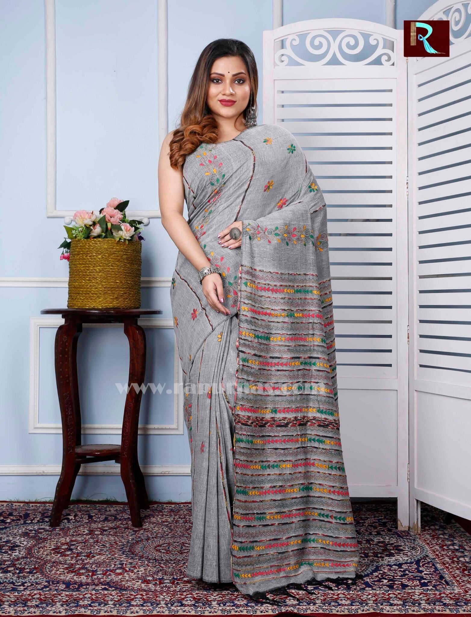 Kantha Stitch Work on Pure Khesh Saree - Rapurnas