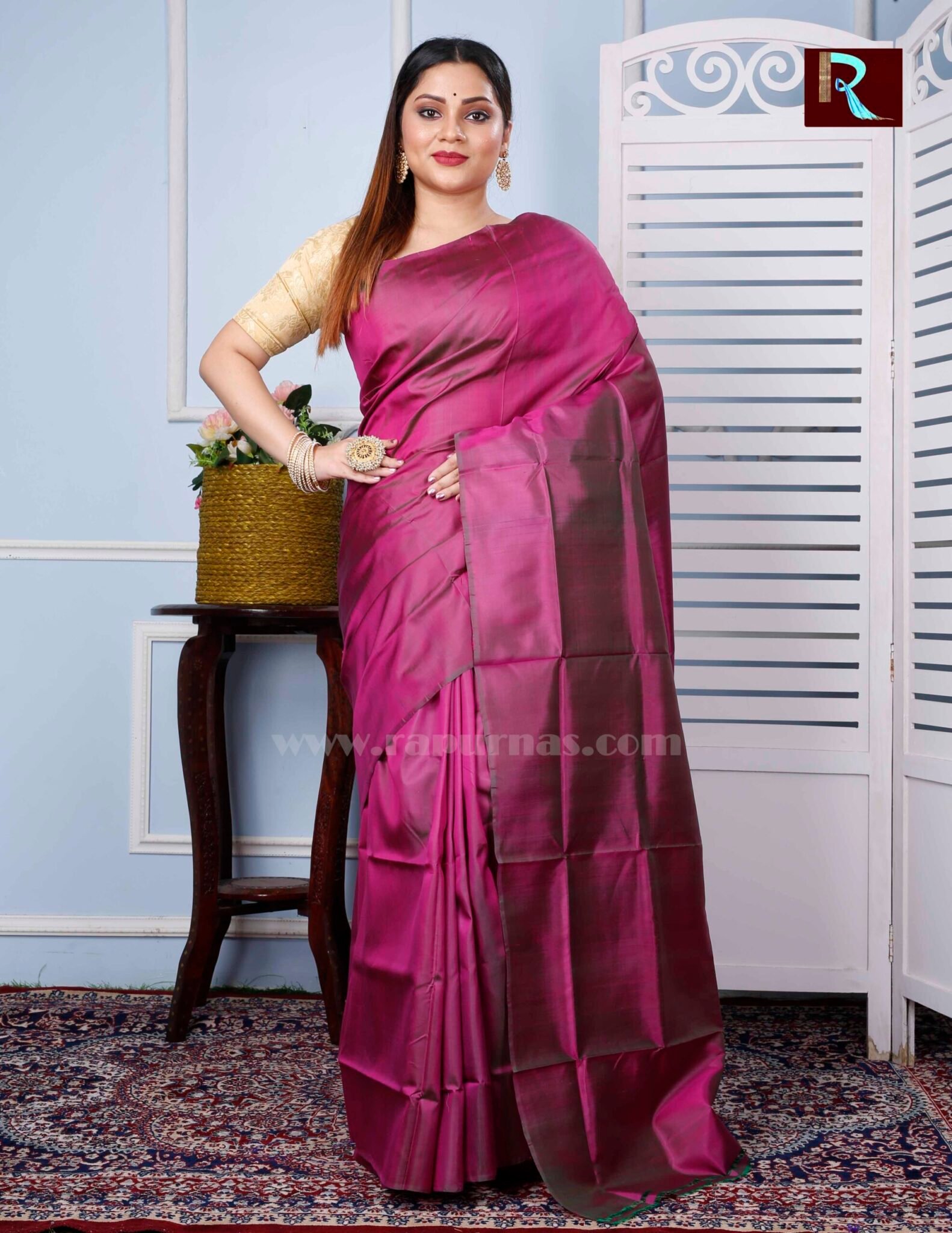 Bishnupuri Katan Silk Saree of deep magenta color - Rapurnas
